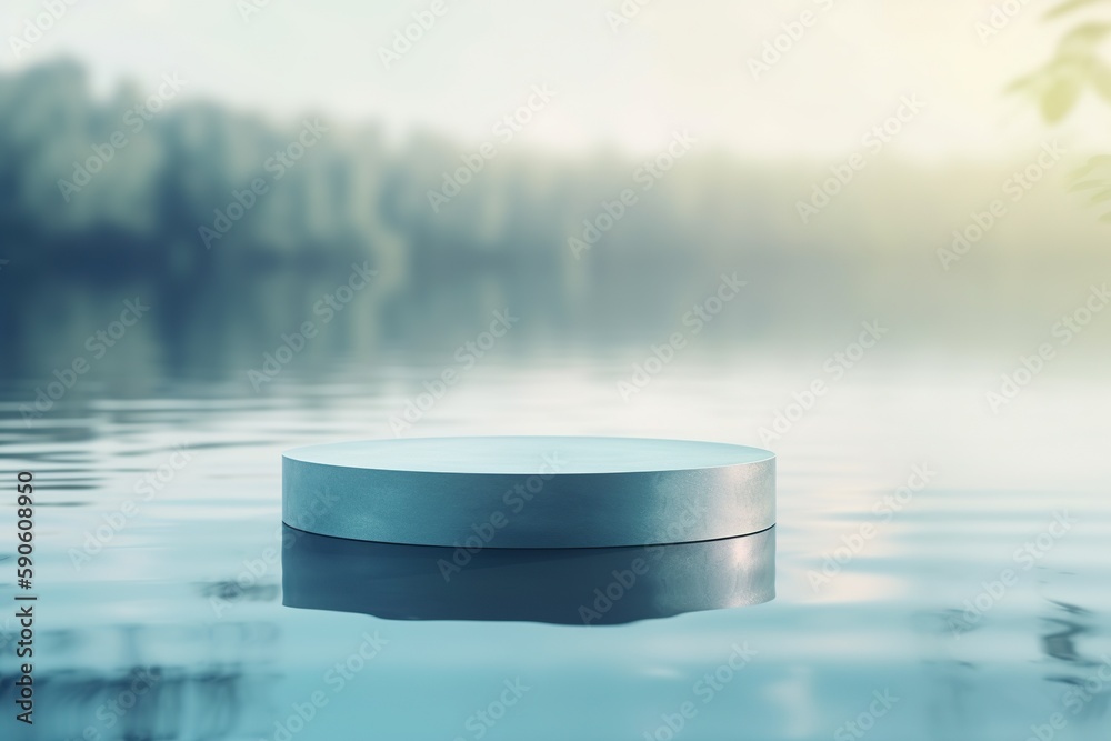 Circular platform, round podium for product display in pond with calm ...
