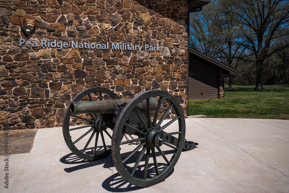 Pea Ridge, AR—April 8, 2023; bronze muzzle loading cannon stands at ...