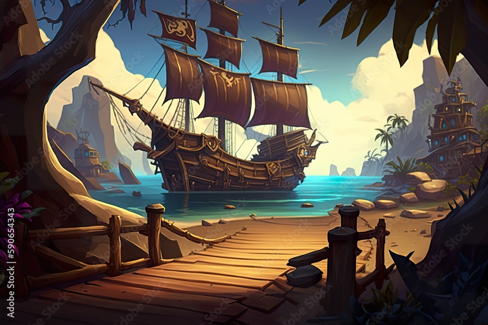 Illustration Stock 2D pirate ship deck background environment for a ...