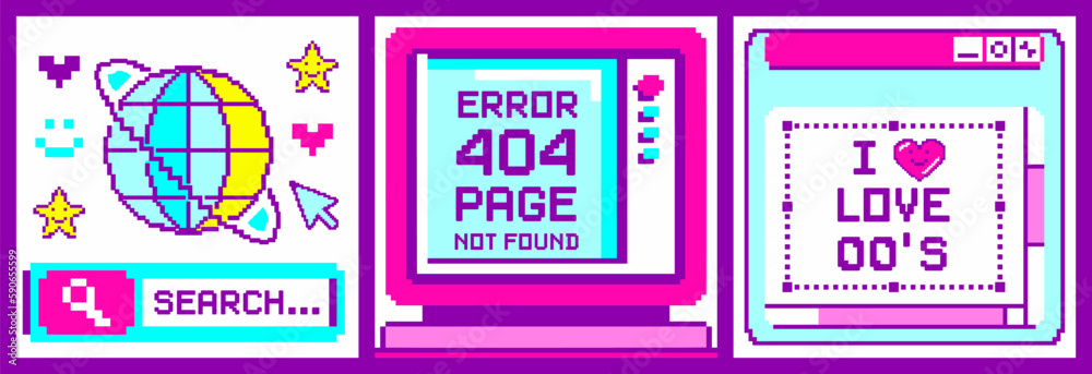 Y2K pixel art. frames for text, slogans. Old computer browser, 90s-00s throwback aesthetic ...