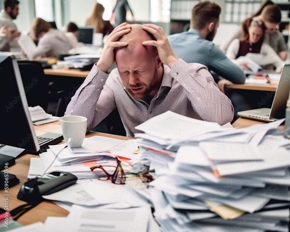 Stressed Man at Office Workplace Generative AI. Depict the modern ...