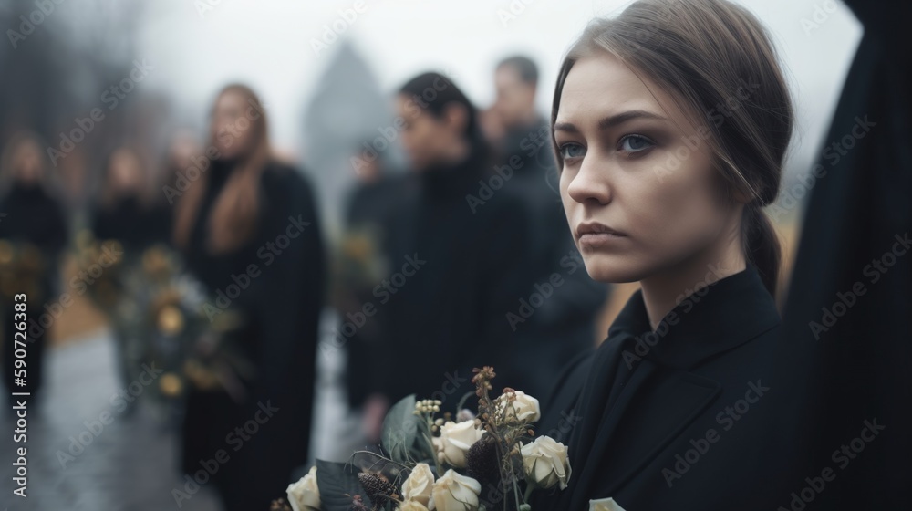 Portrait of beautiful sad woman wearing black clothes at funeral scene ...
