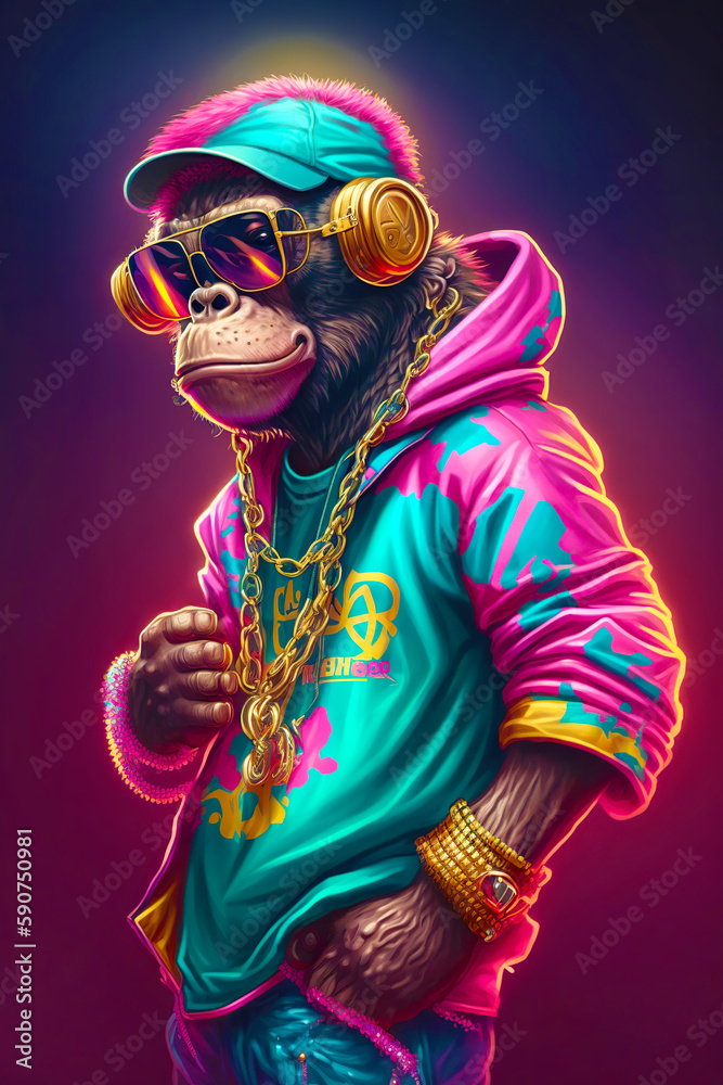 Monkey rapper, cartoon colorful monkey with sunglasses nft style, Created with generative A ...
