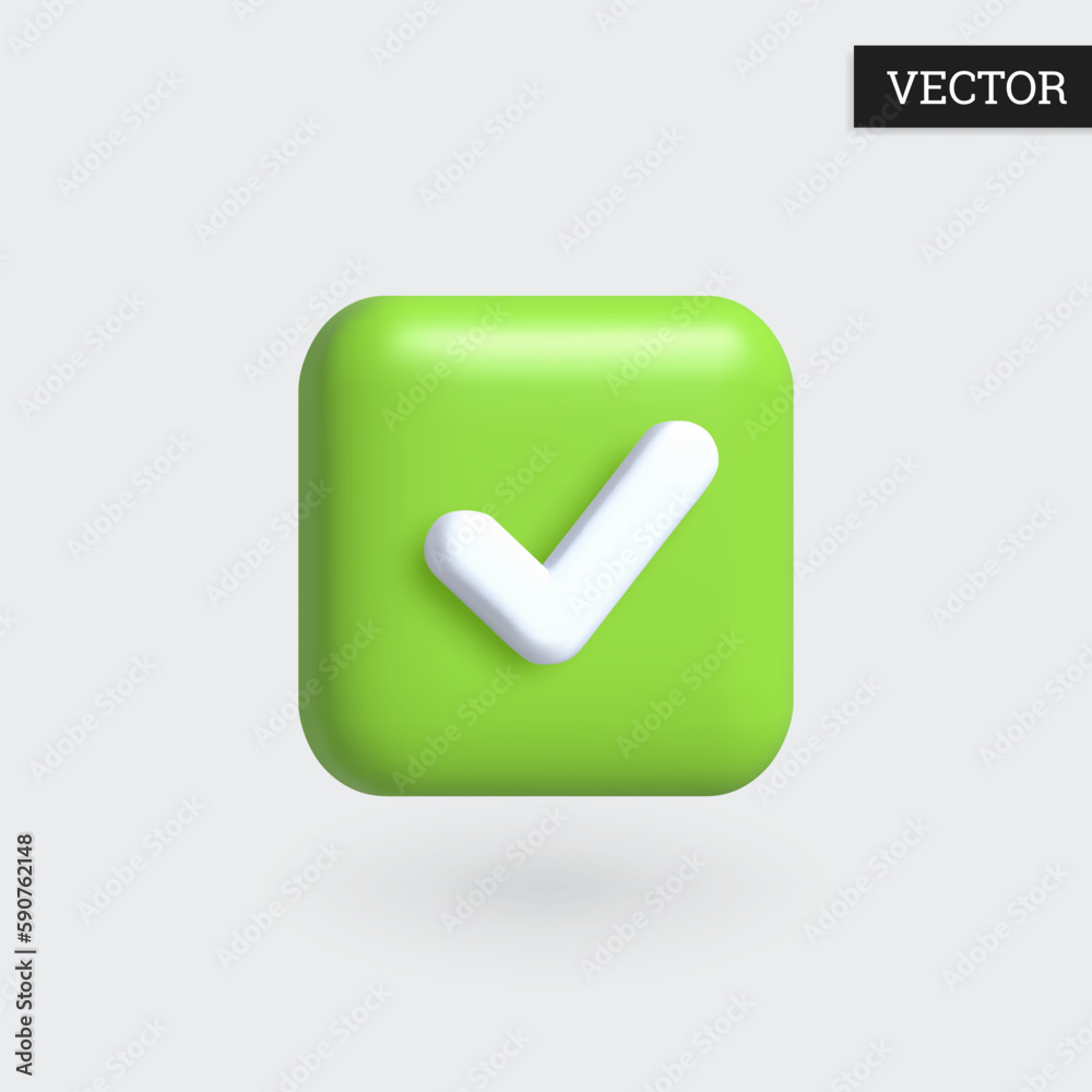 Check mark on green button 3d. Icon of a check mark on a button in ...