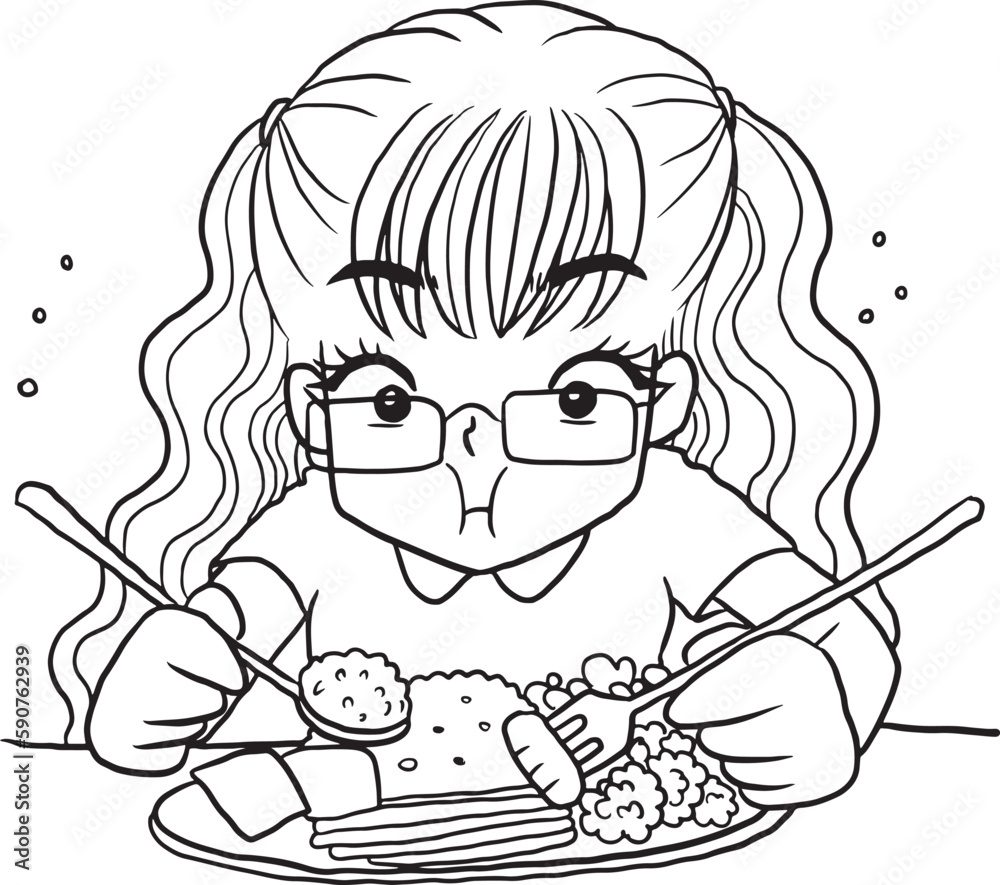 girl eating rice cartoon doodle kawaii anime coloring page cute ...