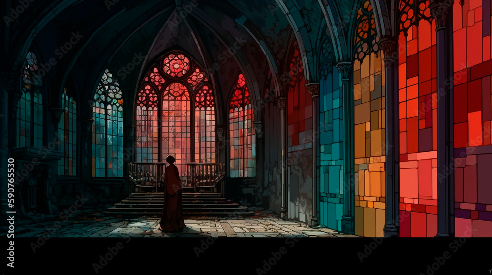 romantic ruins, realistic color palette, stained glass, concept art ...
