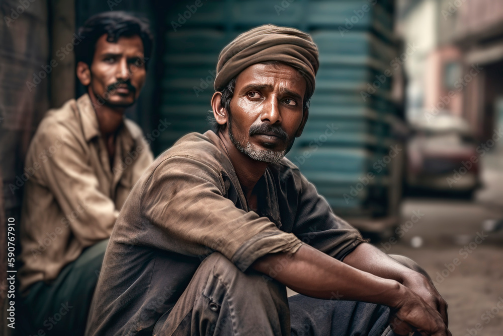 Poor workers where man sitting on the street with another poor man both ...