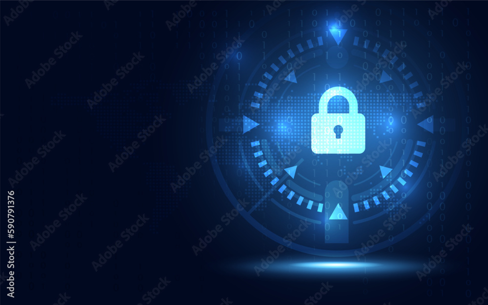 Cyber security lock blue abstract digital binary code background. Decoding technology and ...