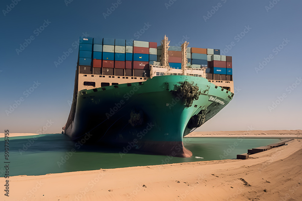 Container cargo ship accident crash sandy canal. Concept Global problem ...