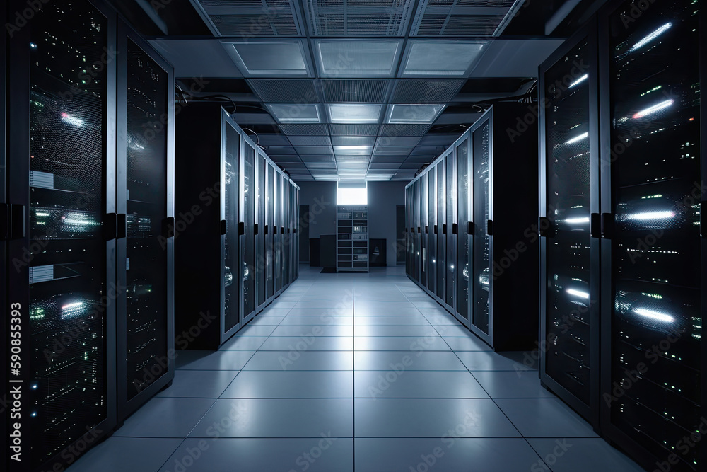 Big data center with server racks. Server room interior. Digital ...