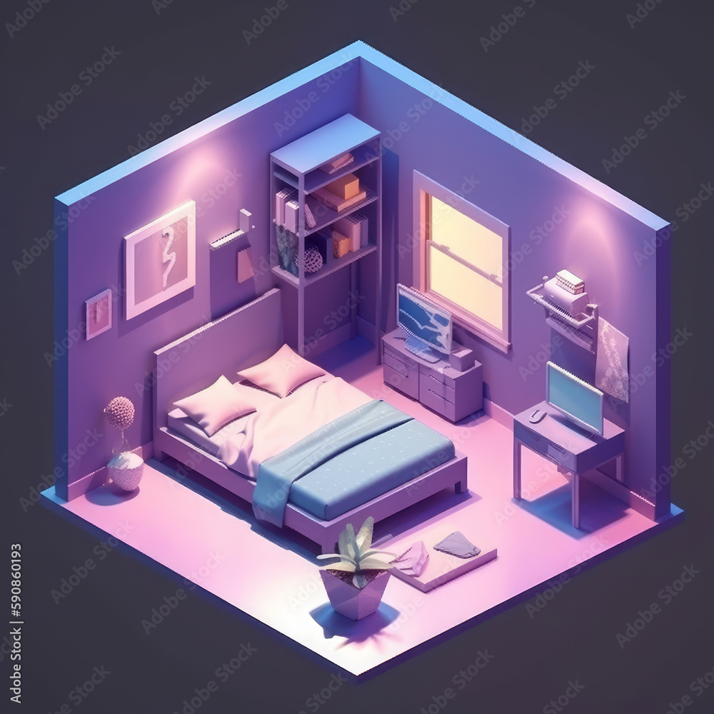 Ilustracja bez tantiem: Habitación low poly isometrica aesthetic, cuarto pequeño 3d con luz RGB ...