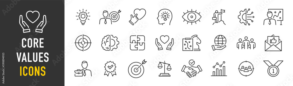 Core Values web icon set in line style. Innovation, integrity ...