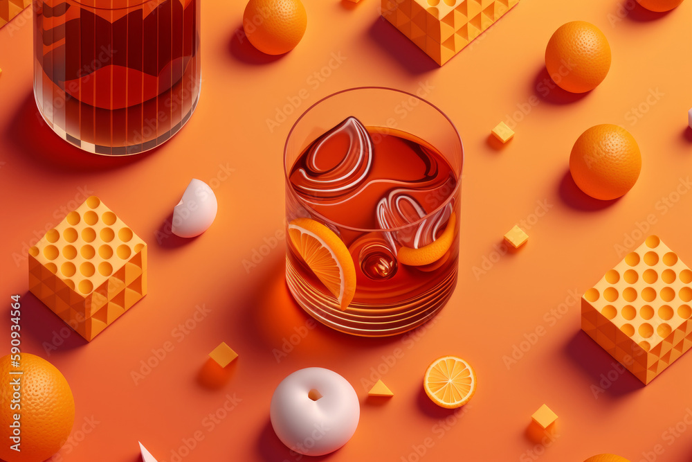 Ron con zumo de naranja en fondo isometrico de color naranja ...