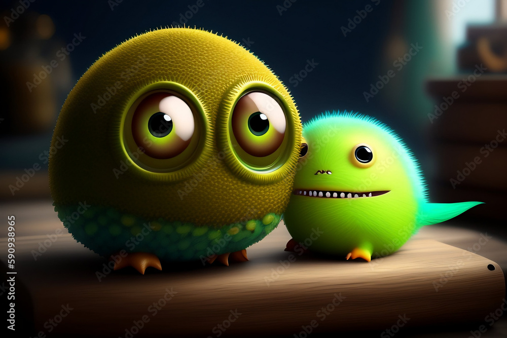 Green little monster, green fluffy monster creature. Miniature green ...