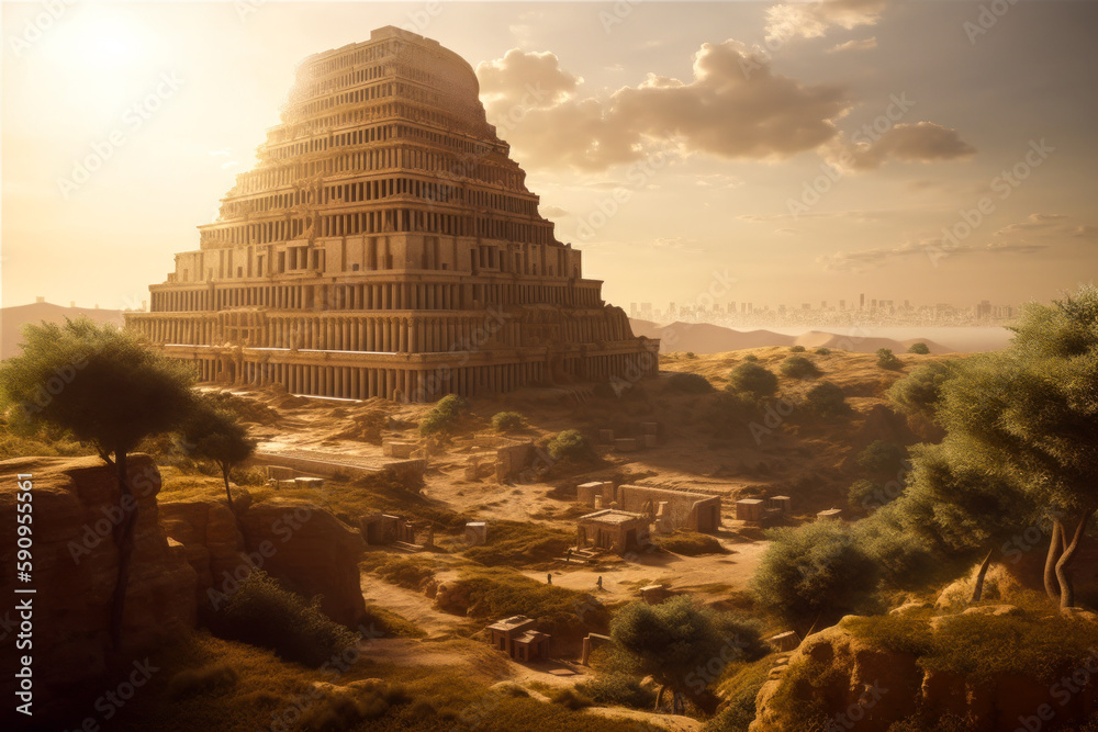 Ancient city of Babylon with the tower of Babel, bible and religion. AI ...