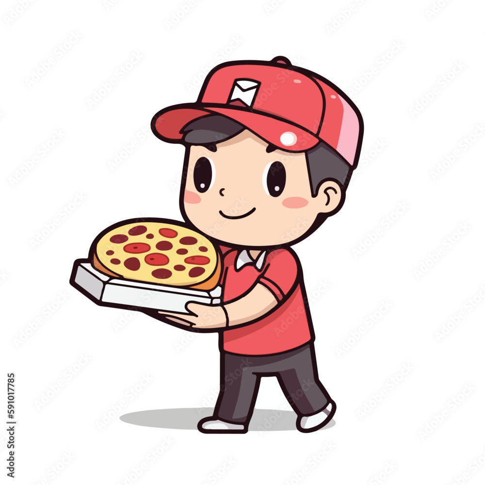 Mascot of cute pizza delivery boy holding pizza box. Cartoon flat ...