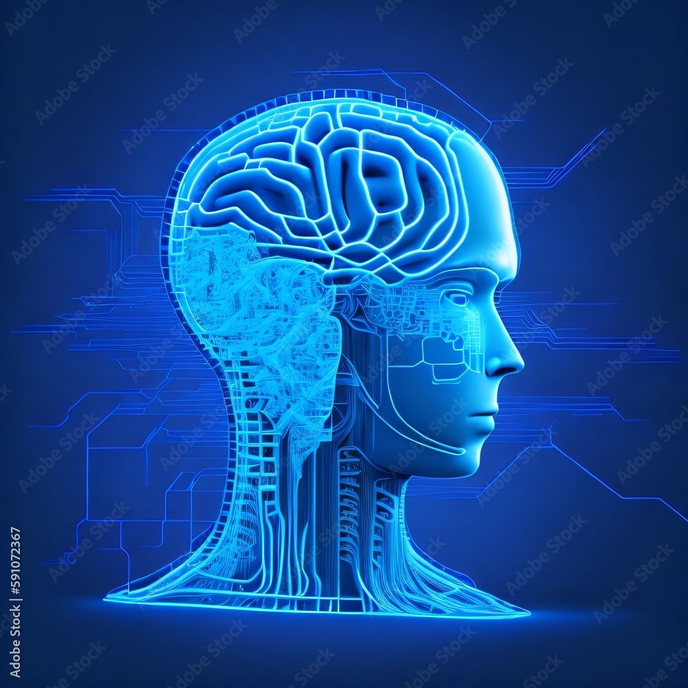 Artificial intelligence. Human head outline with circuit board inside. Technology and ...