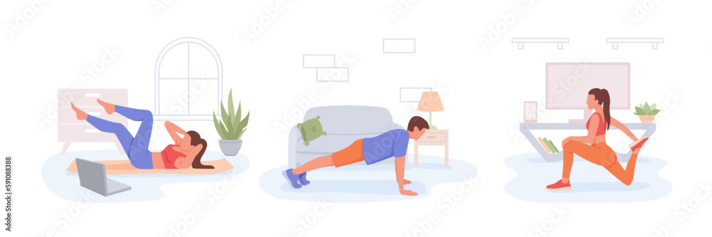 Set of cartoon characters of young athletic people doing sports at home ...