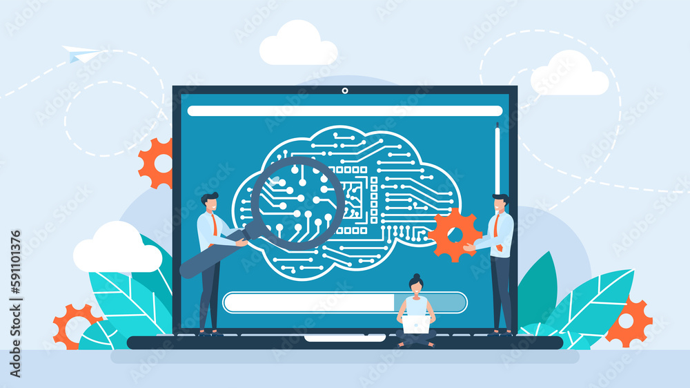 Stock-Illustration „Programmers with laptop. AI. Brain with neural network. Artificial ...