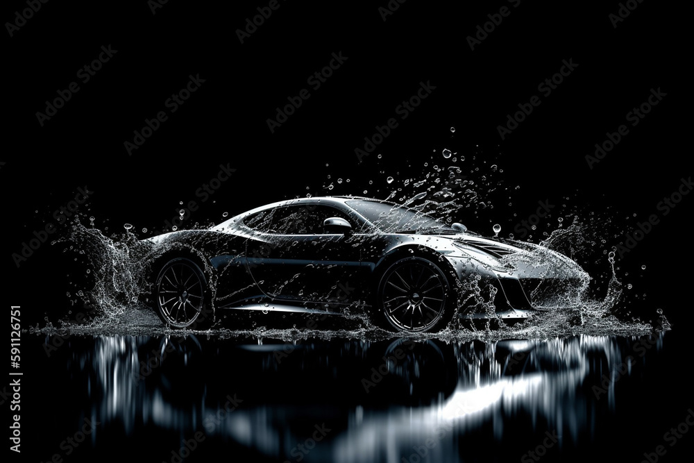 Sport luxury car in water splash on isolated black studio background ...