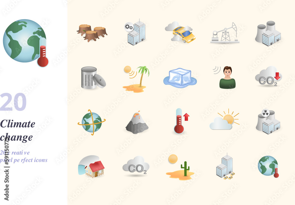 Climate change set. Creative icons: deforestation, industrialization ...