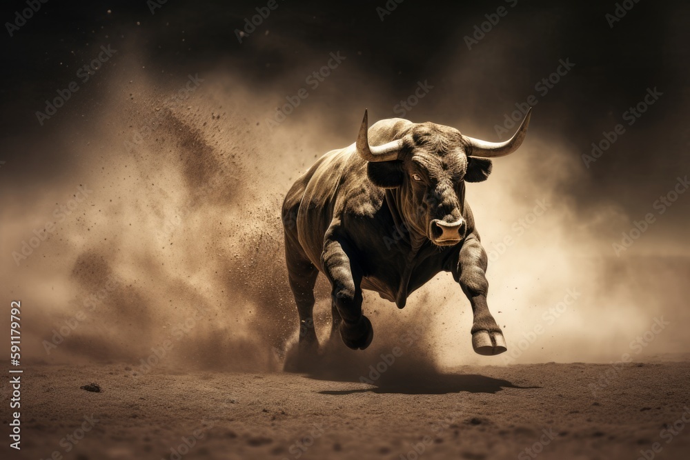 The bull runs at full speed, kicking dust into the air behind him ...