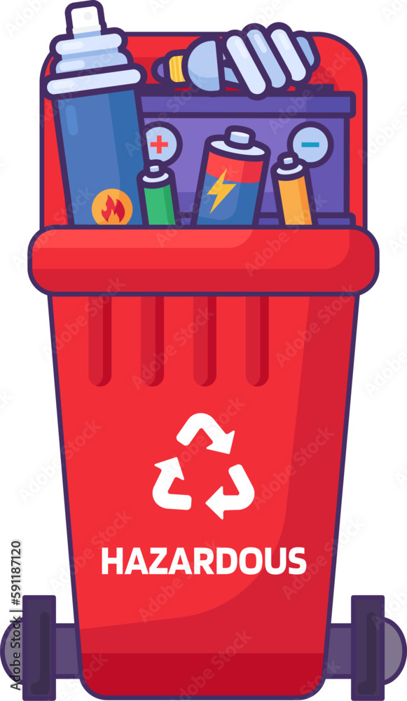 Opened fulled container with lid for storing, recycling and sorting used household hazardous ...