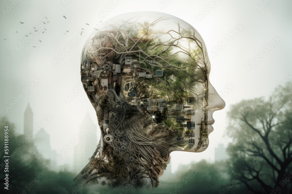Human head made of cogs and circuits, concept image for artifical ...