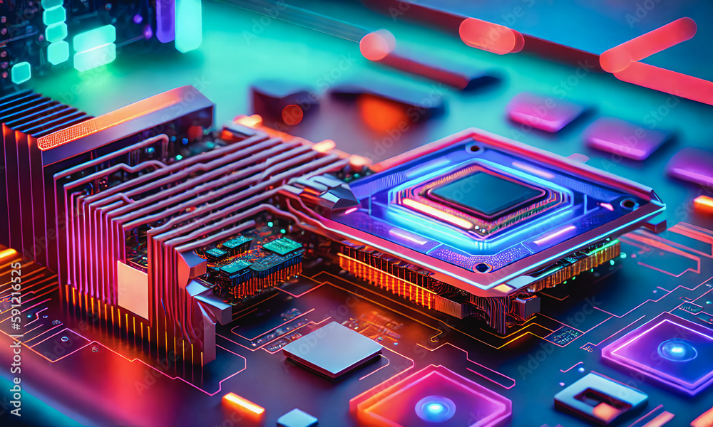 Quantum computer, motherboard, quantum processor unit. New technologies, future. Generative AI ...