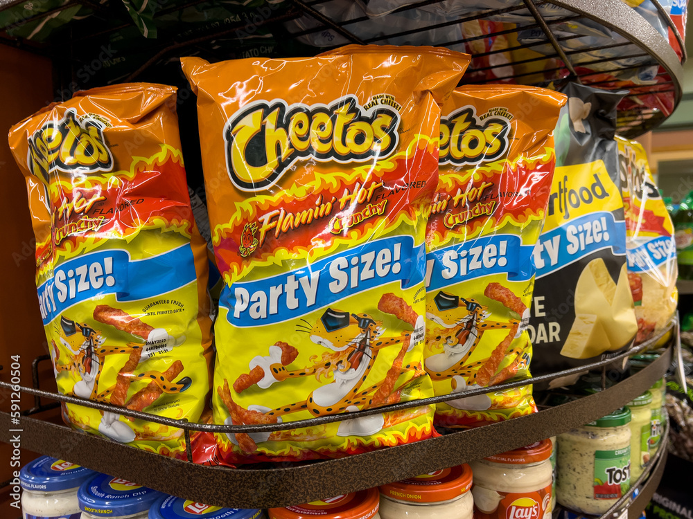 Sacramento, CA, USA April 9 2023 Bags of Cheetos flamin hot crunchy ...