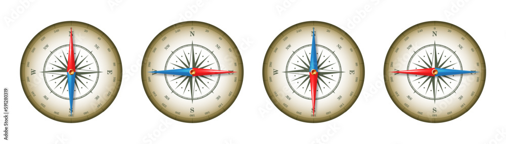 Marine compass, nautical wind rose with cardinal directions of North ...