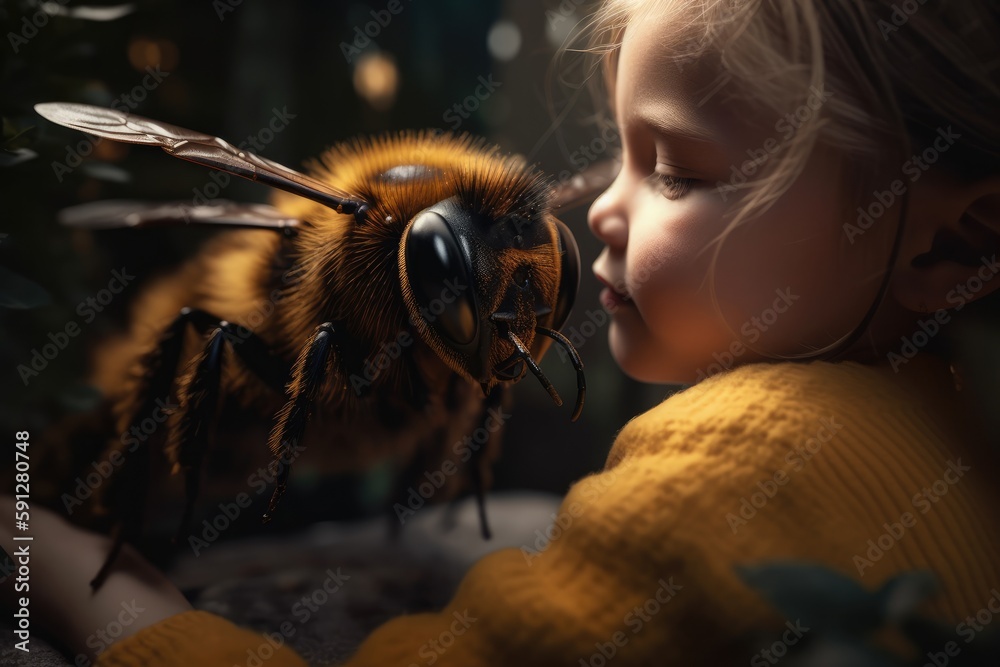 Foto de Stock Cute little girl playing with a bumblebee in the garden ...