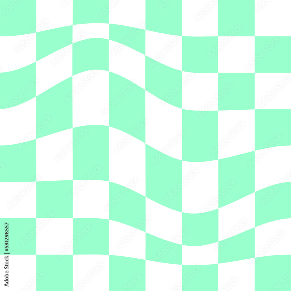 Psychedelic pattern with warped green and white squares. Distorted chess board background ...