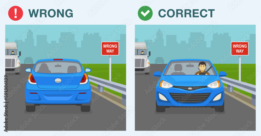 Safe driving tips and traffic regulation rules. Correct and wrong ...