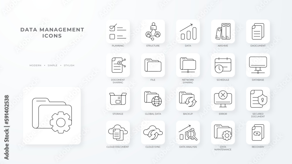 Data management icons collection with black outline style. growth ...