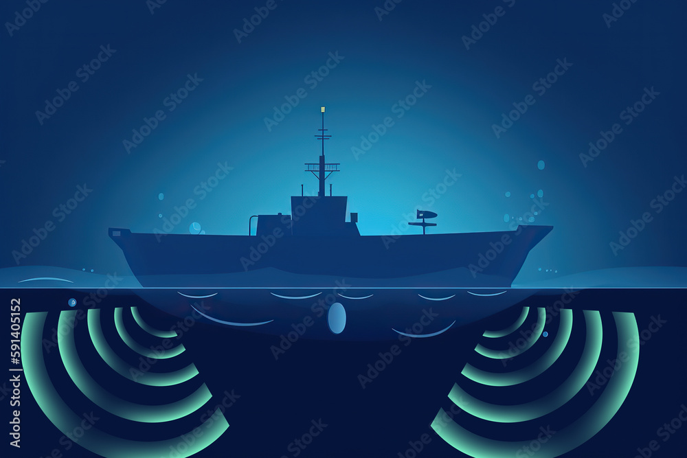 Sonar (Sound navigation and ranging) boat and submarine graphic ...