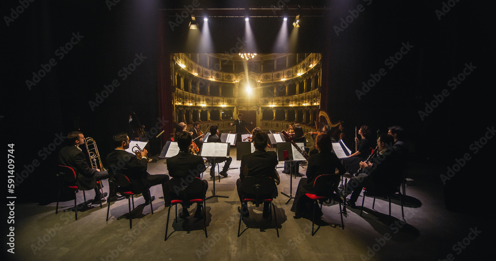 Wide Cinematic shot of Conductor Directing Symphony Orchestra with ...