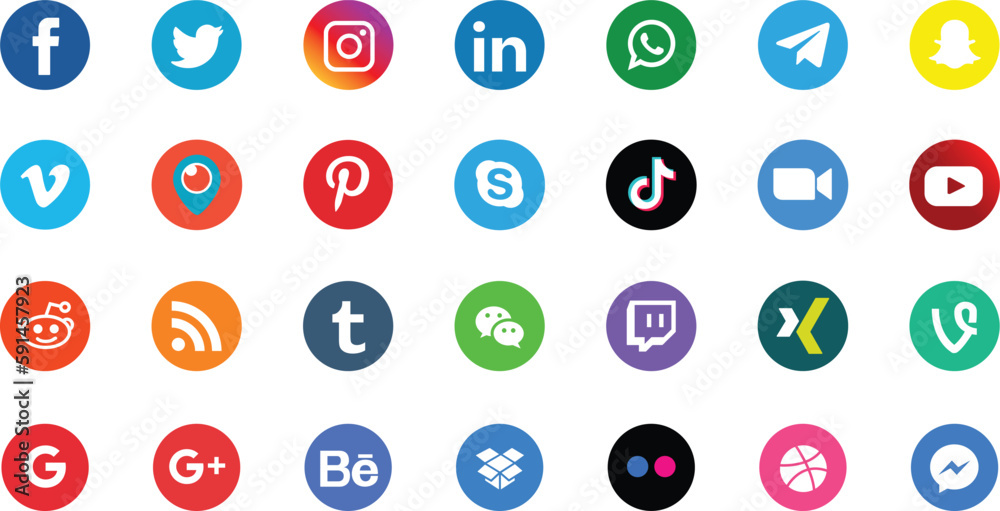 Set popular social media colour icons. Facebook, instagram, twitter ...