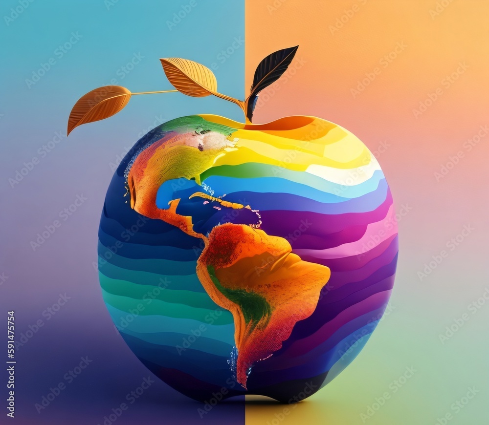 rainbow colored apple with a paint of the world map , america ...