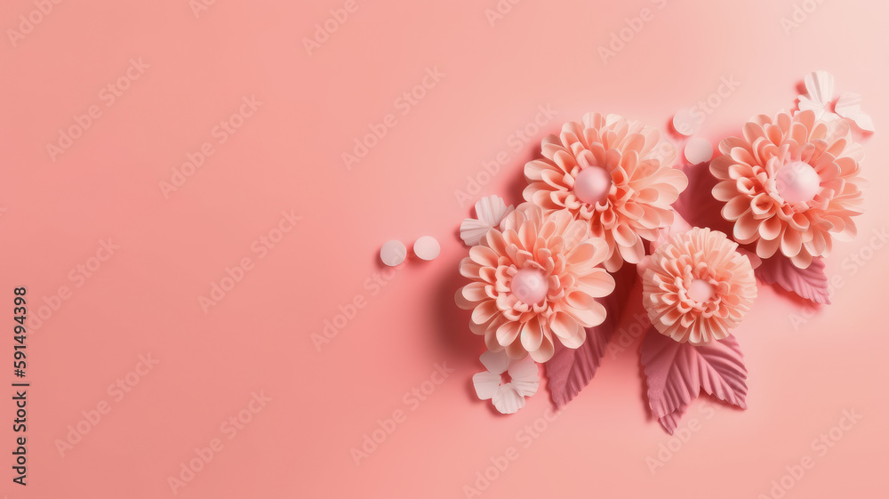 Bonito fondo rosa salmon con flores hechas de papel. concepto tarjetas ...