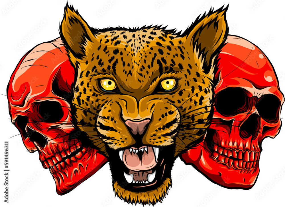 vector illustration skulls head with leopard. digital hand draw Stock ...