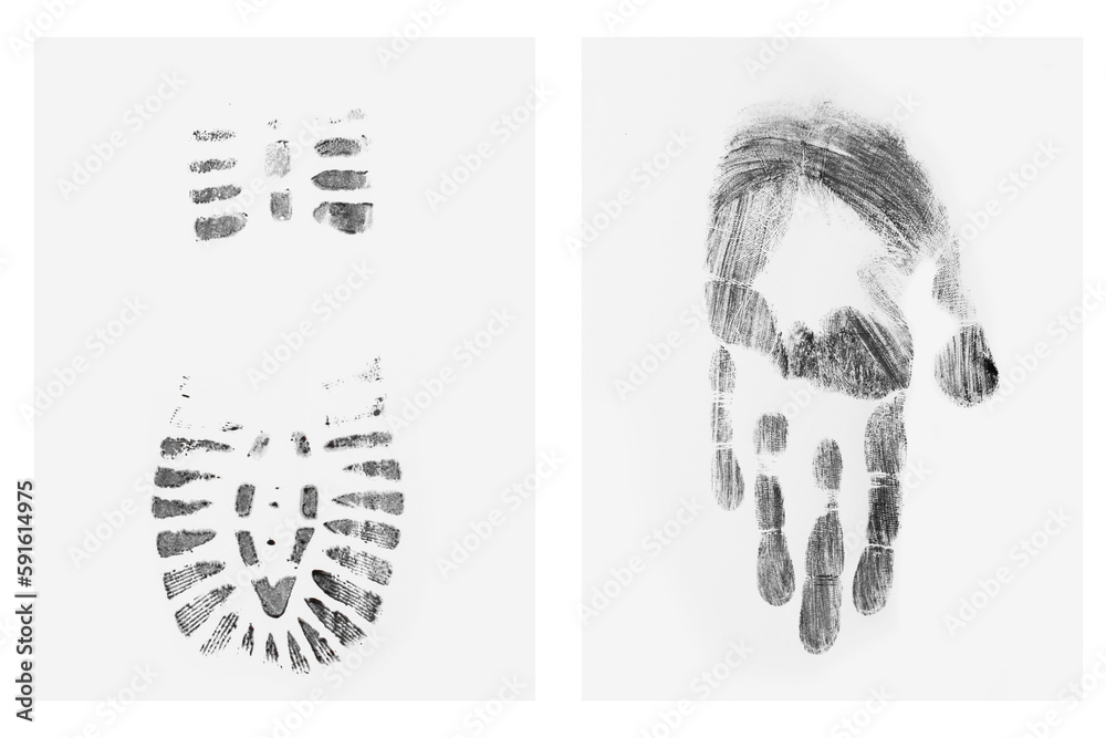 A4 sheets with various shoe and handprints. Collected from the crime ...