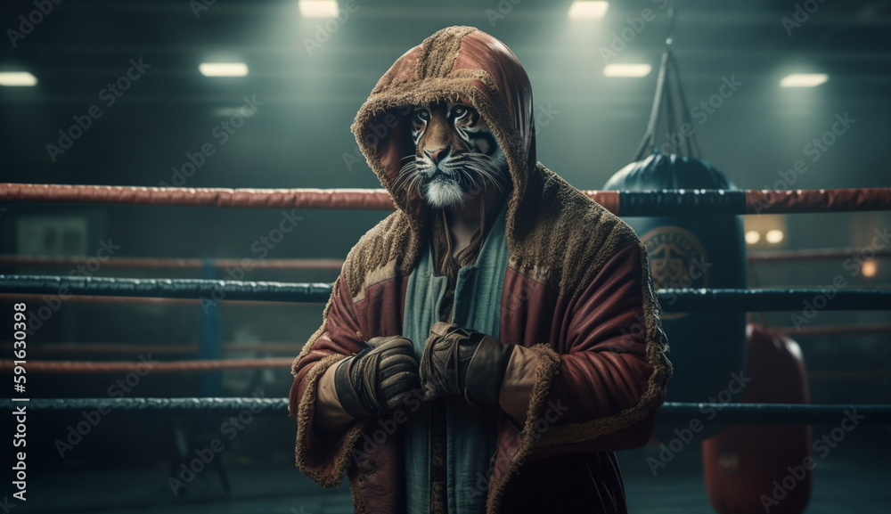 Portrait image of a tiger wearing boxing robe and gloves, ready to ...