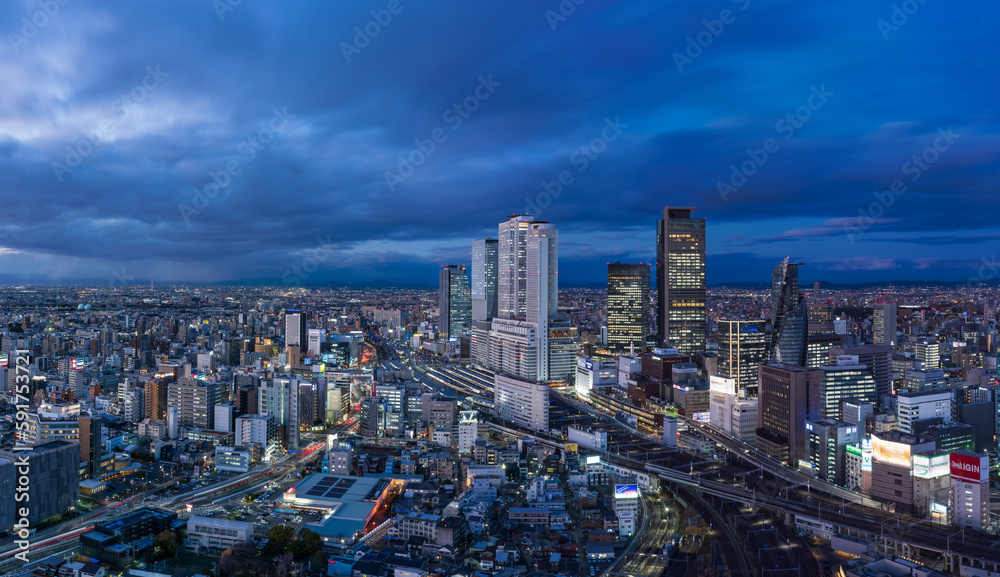 Nagoya station and its vicinity downtown area with high rise buildings at night. Stock Photo ...