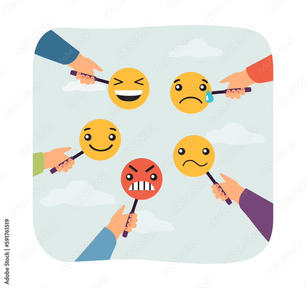 Hands of people holding signs with different emoticons. Team members ...