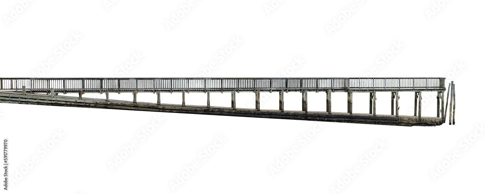 Cutout of an isolated side view of an empty wooden jetty bridge with ...