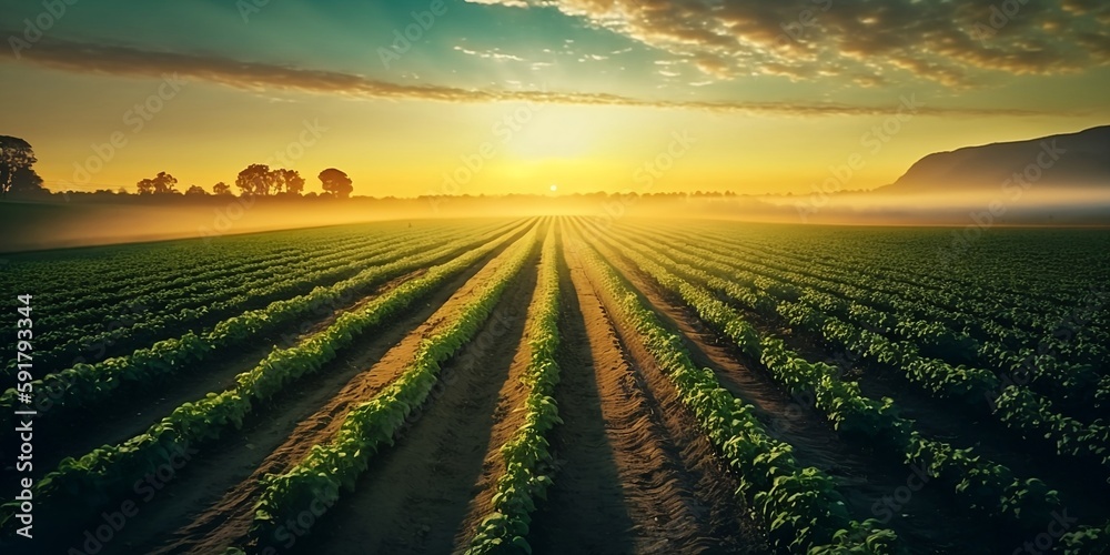 Irrigation system on agricultural soybean field, rain gun sprinkler on ...
