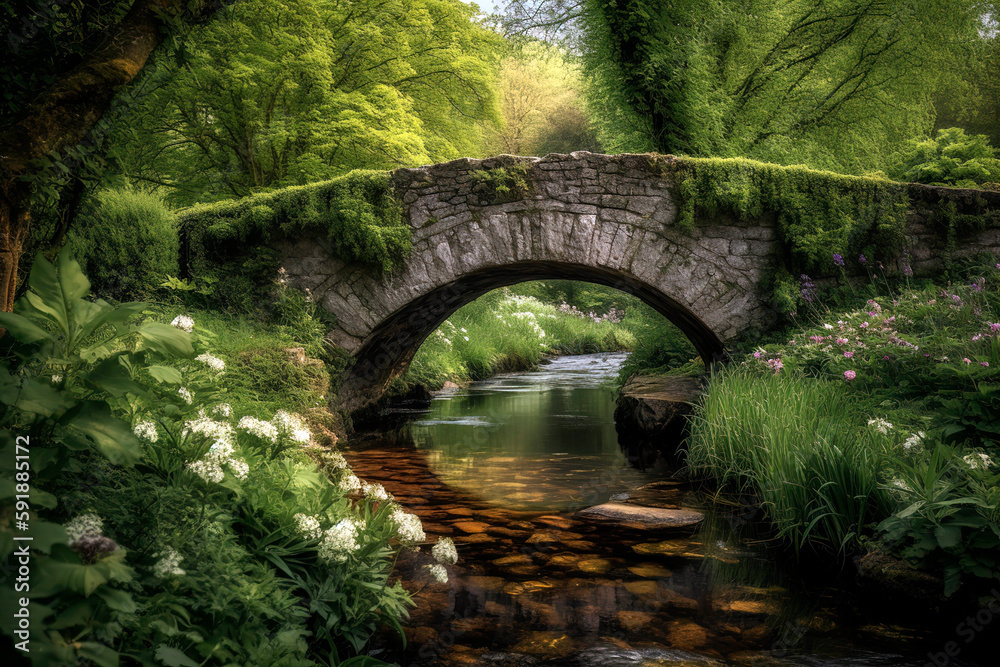 Charming, cobblestone bridge arching over a gently flowing stream ...