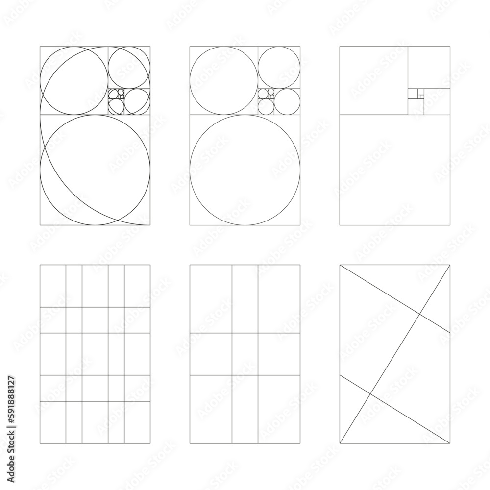 Golden ratio template set. Method golden section. Fibonacci array, numbers. Harmony proportions ...
