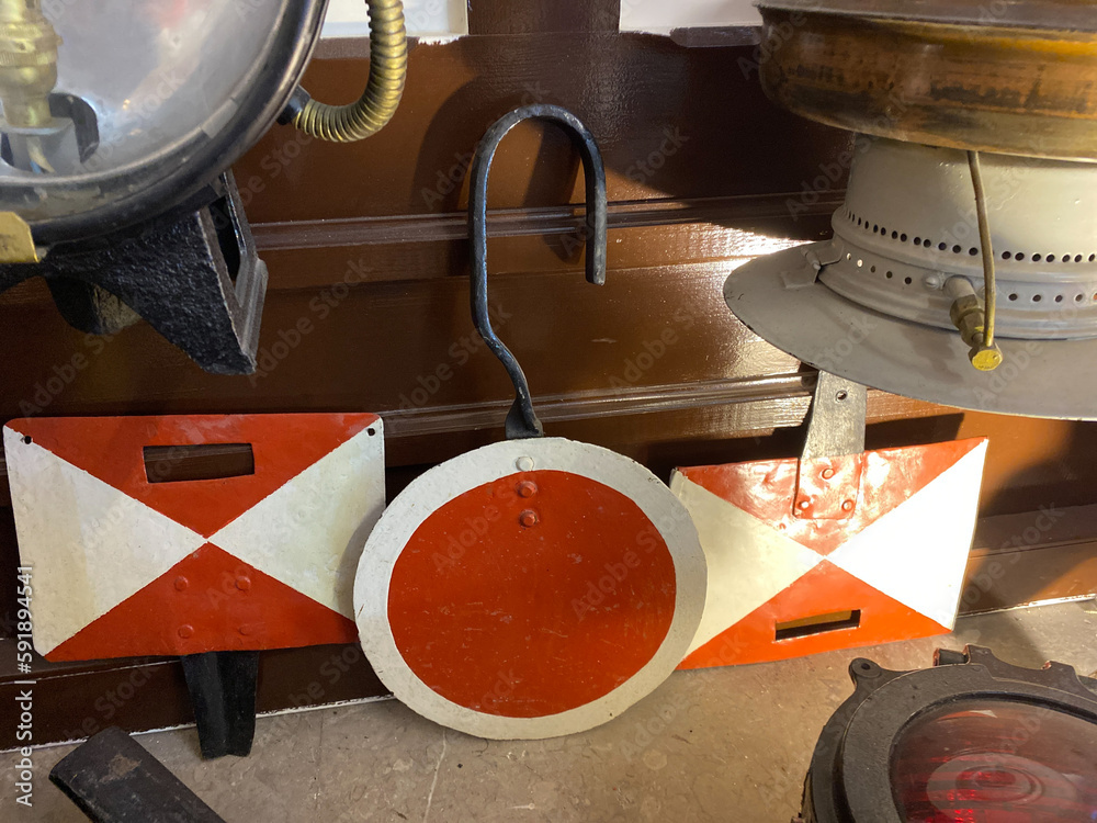Vintage railroad stop signals. Railway traffic signs in train museum ...